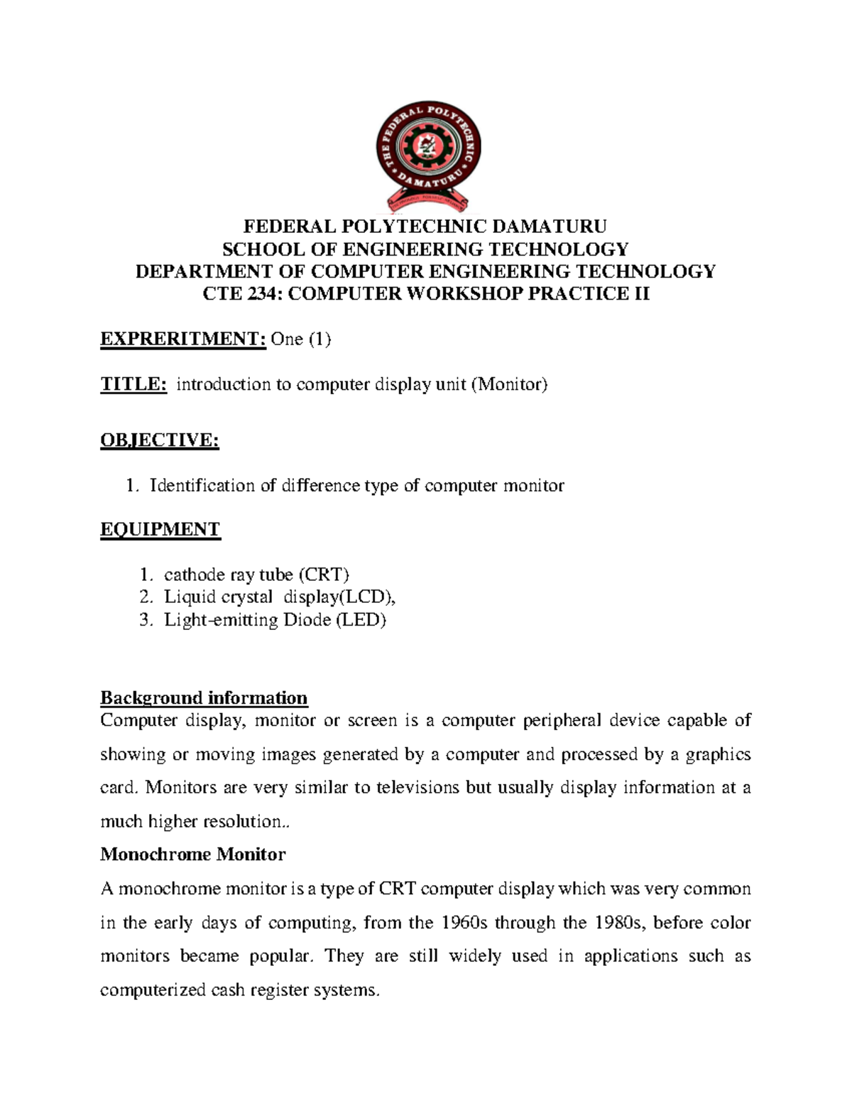 Cte234 final practical manuals - FEDERAL POLYTECHNIC DAMATURU SCHOOL OF ...