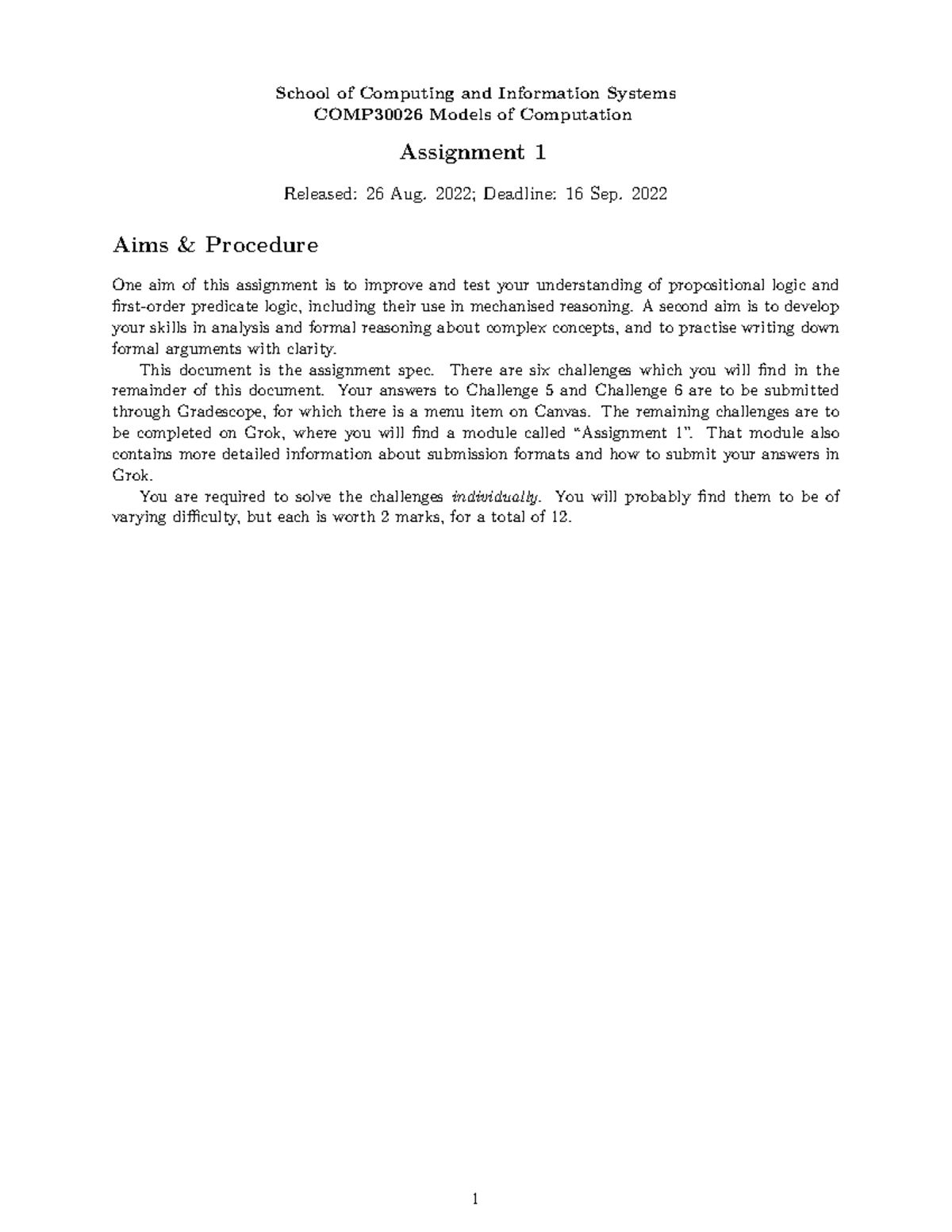 Asg1 - Assignment 1 - School of Computing and Information Systems COMP30026 Models of ...