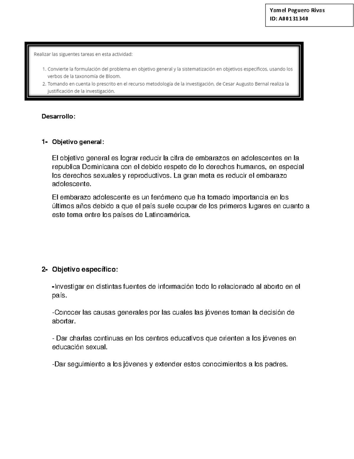 Peguero-Yamel-Objetivo General y Justificación - Desarrollo: 1 ...