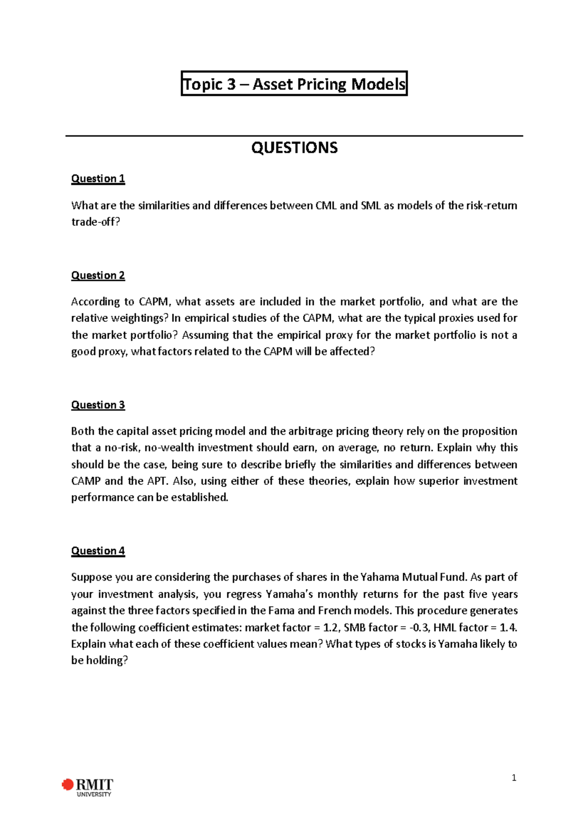 Topic 3 - Tutorial Question - Topic 3 – Asset Pricing Models QUESTIONS ...