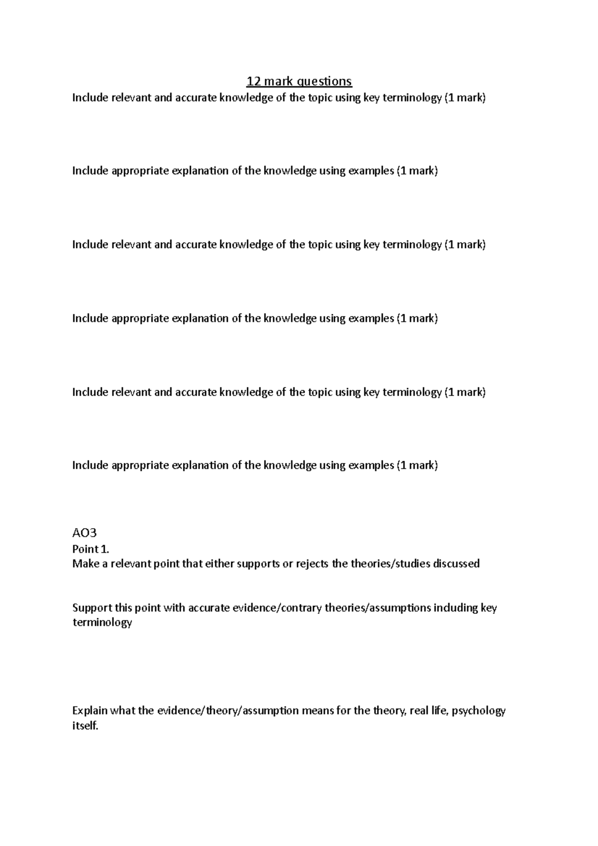 12 mark template - 12 mark questions Include relevant and accurate ...