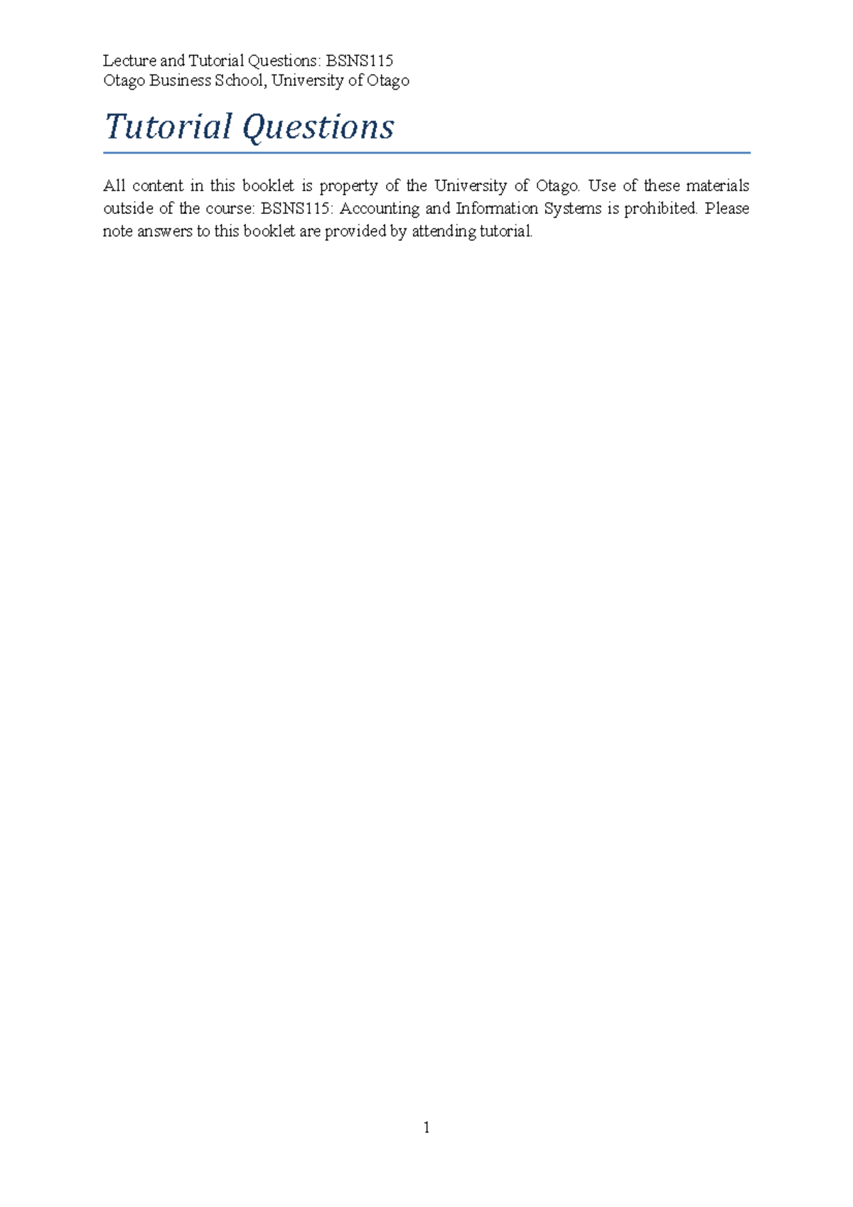 BSNS 115 Tutorial Questions - Otago Business School, University of ...