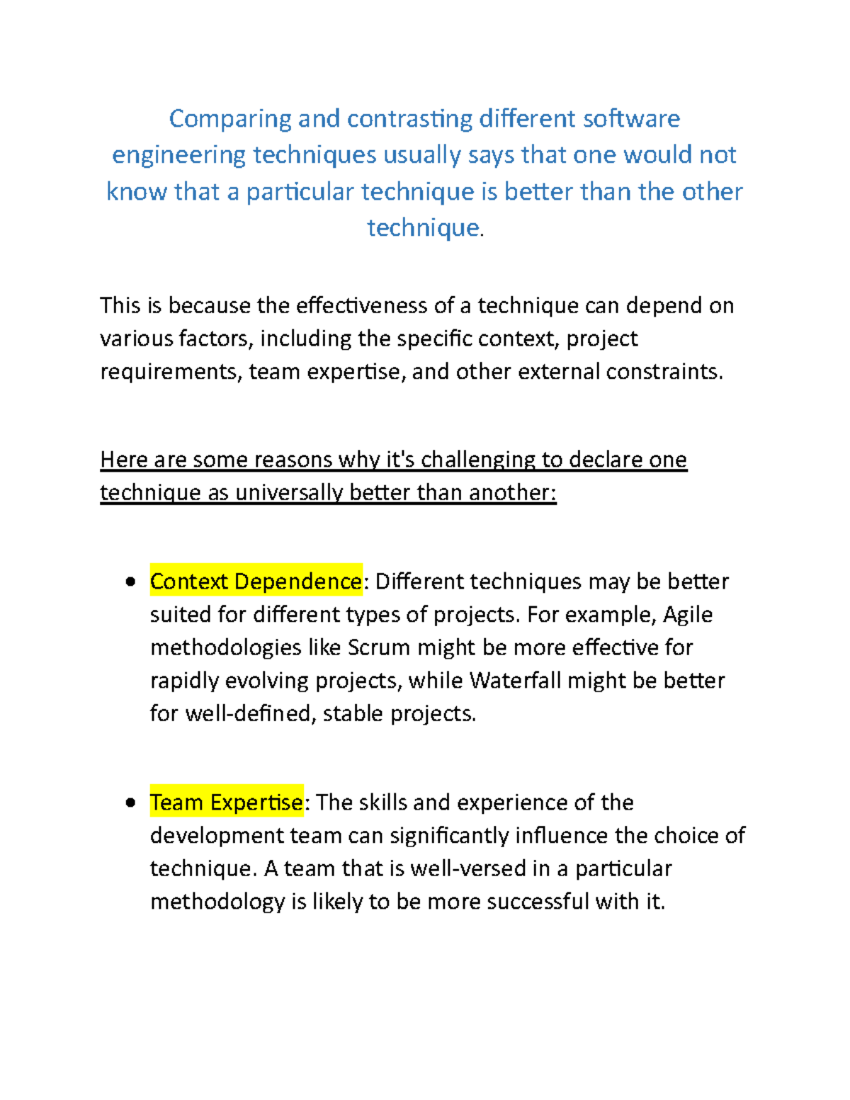 Doc 1 - Comparing and contrasting different software engineering ...