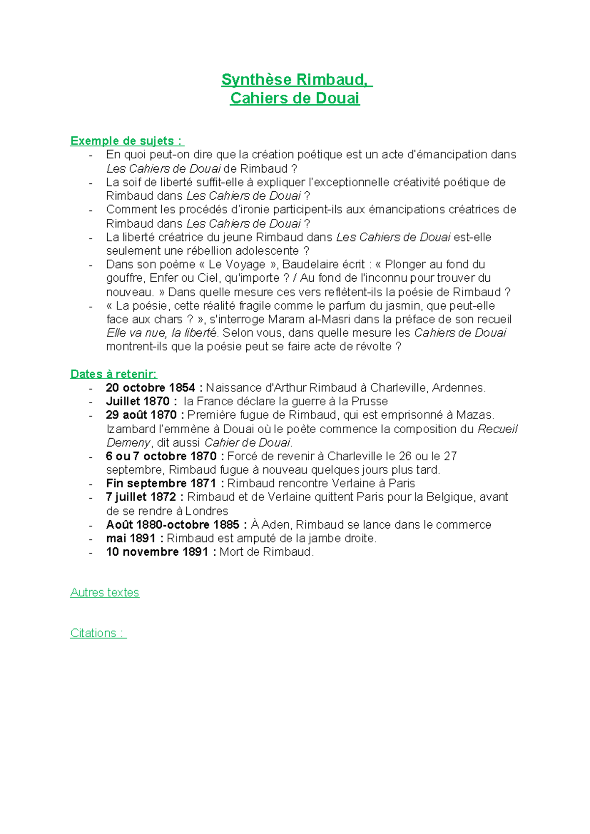 Les cahiers de Douai Rimbaud - Synthèse Rimbaud, Cahiers de Douai ...