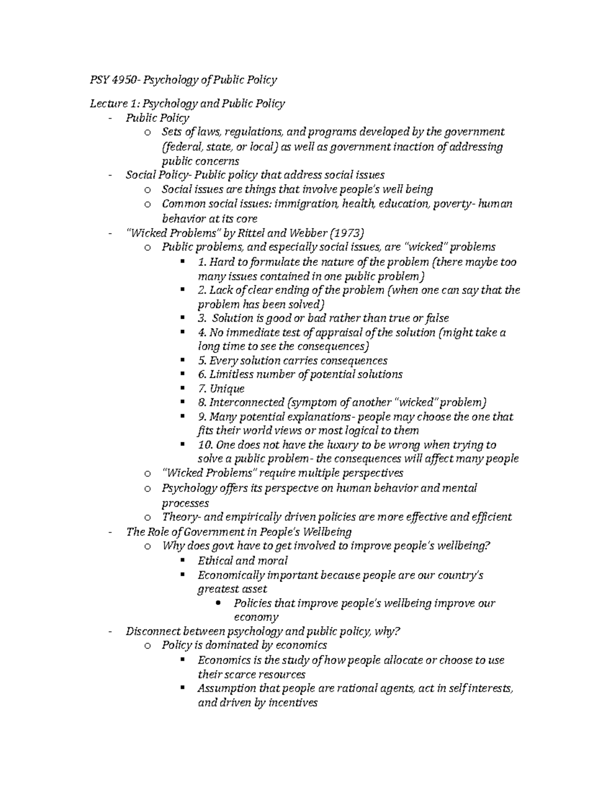 Lecture notes, lecture all - PSY Psychology of Public Policy Lecture 1 ...