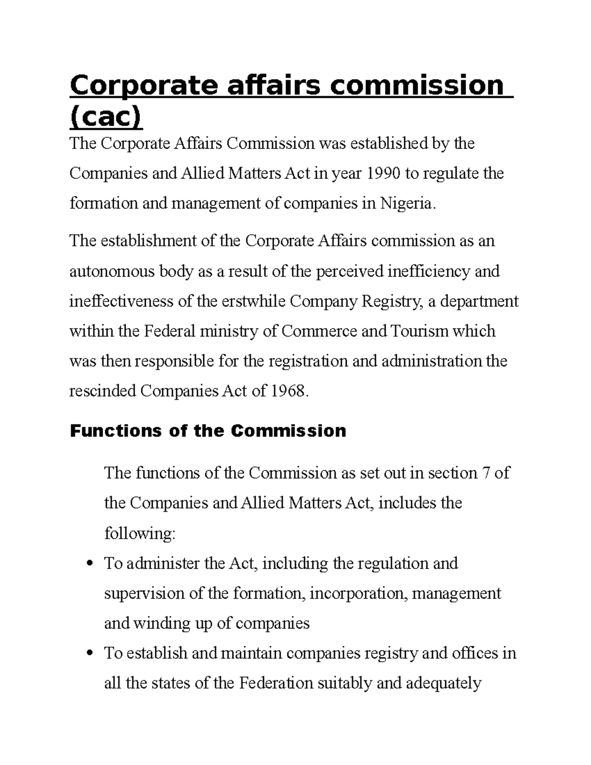 Corporate affairs commission cac - The establishment of the Corporate ...