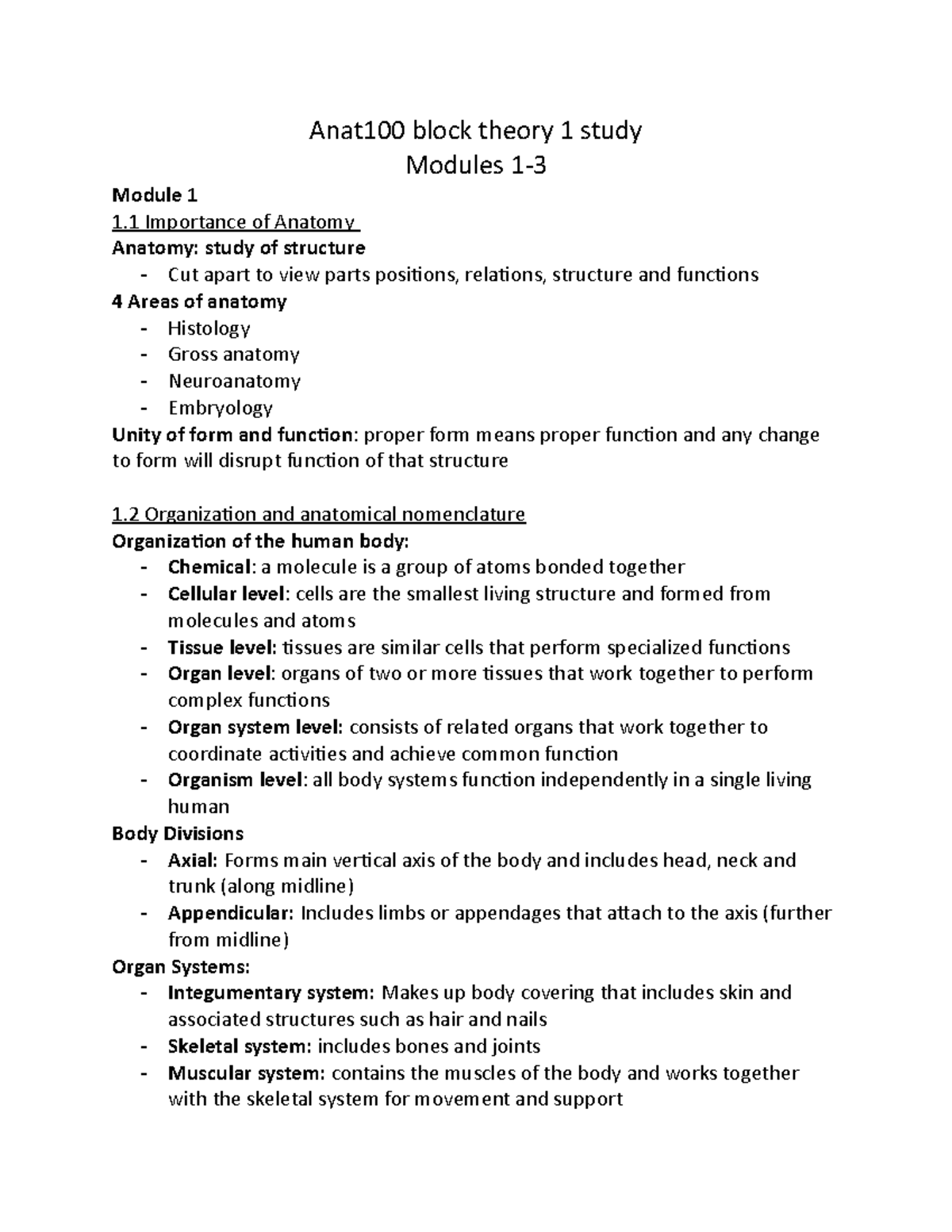 Anat100 block theory 1 review - Anat100 block theory 1 study Modules 1 ...