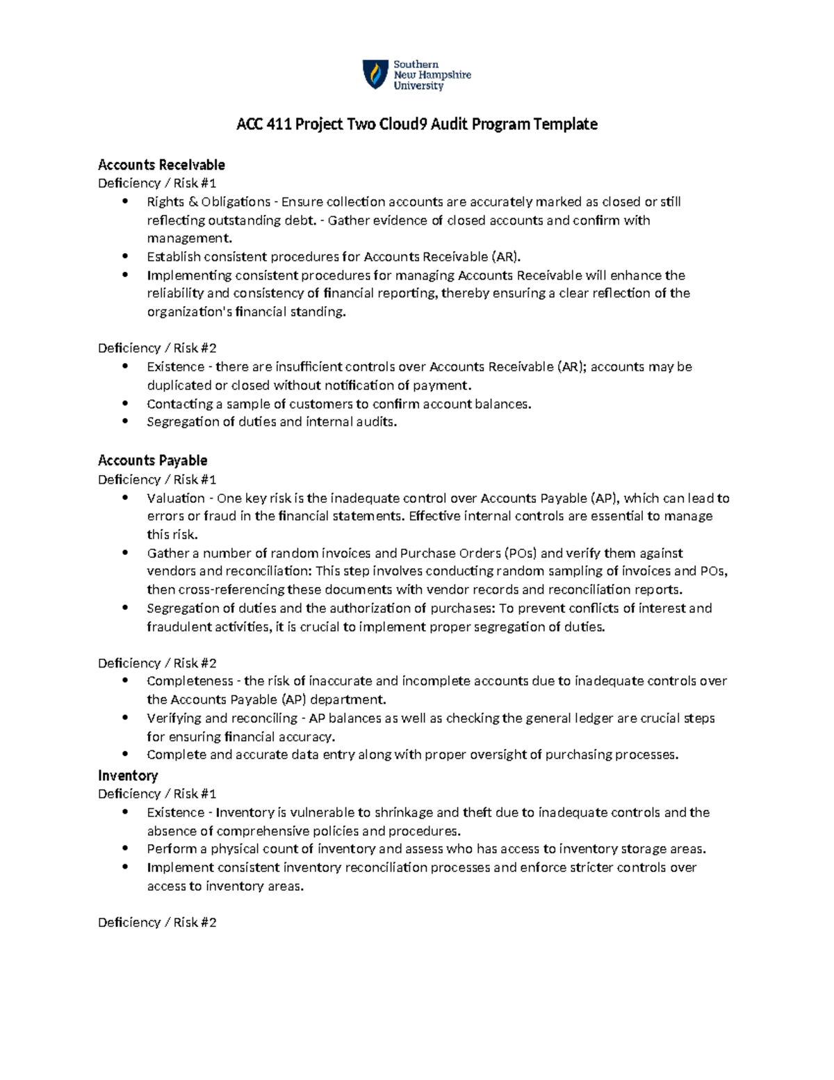 ACC 411 Project Two Cloud 9 - ACC 411 Project Two Cloud9 Audit Program ...