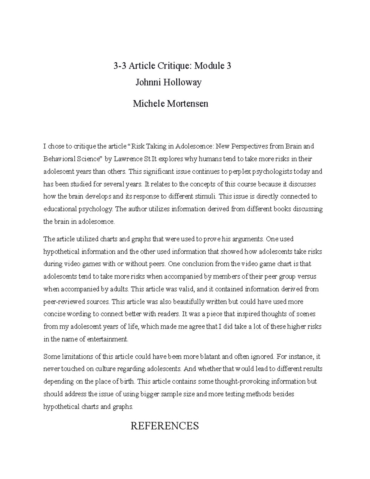 Document 3 - N/A - 3-3 Article Critique: Module 3 Johnni Holloway ...