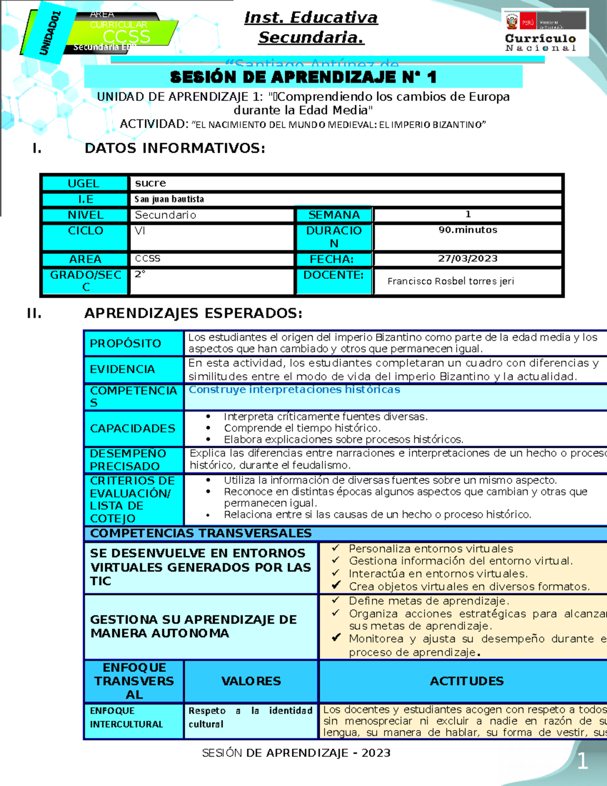 Sesion CCSS 2° SEC- Semana 05 - CCSS Secundaria EBR CURRICULAR SESIÓN DE APRENDIZAJE N° 1 UNIDAD ...