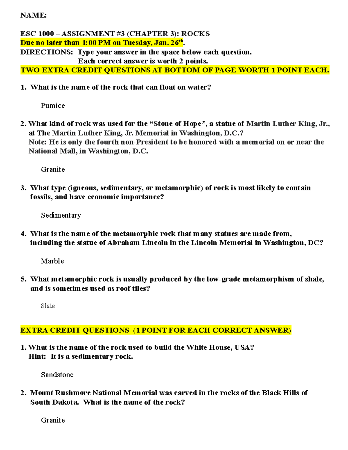 Chapter 3 assignment(Rocks) - Professor Grasso - NAME: ESC 1000 ...