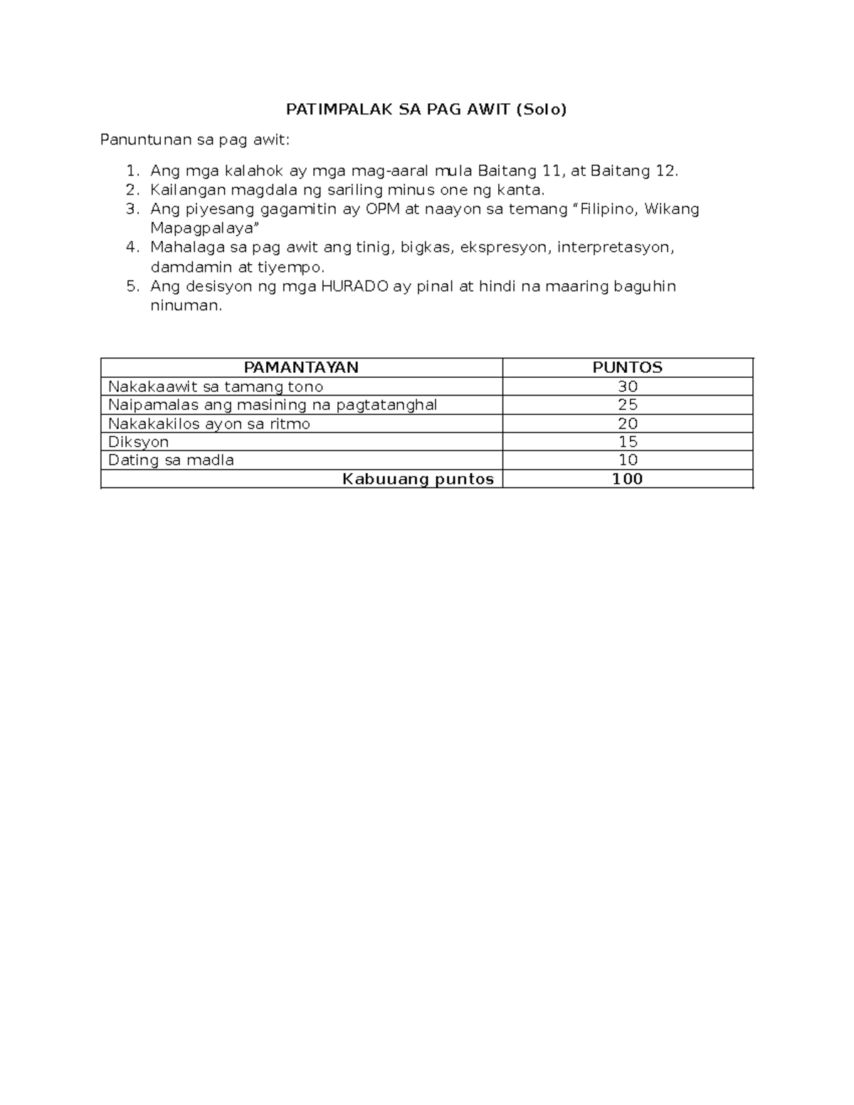 Panuntunan FOR Singing OPM - PATIMPALAK SA PAG AWIT (Solo) Panuntunan ...