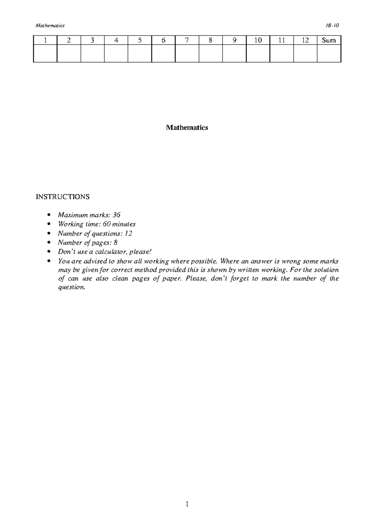 IBmat 2010 EN - IB exams - 1 2 3 4 5 6 7 8 9 10 11 12 Sum Mathematics ...