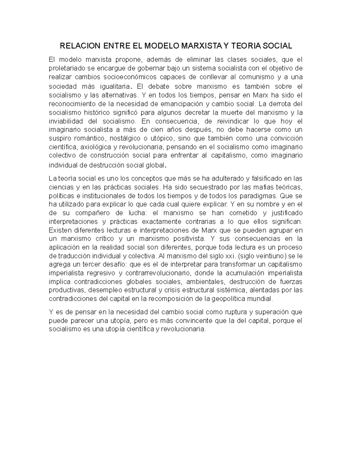 Relacion Entre EL Modelo Marxista Y Teoria Social - RELACION ENTRE EL ...