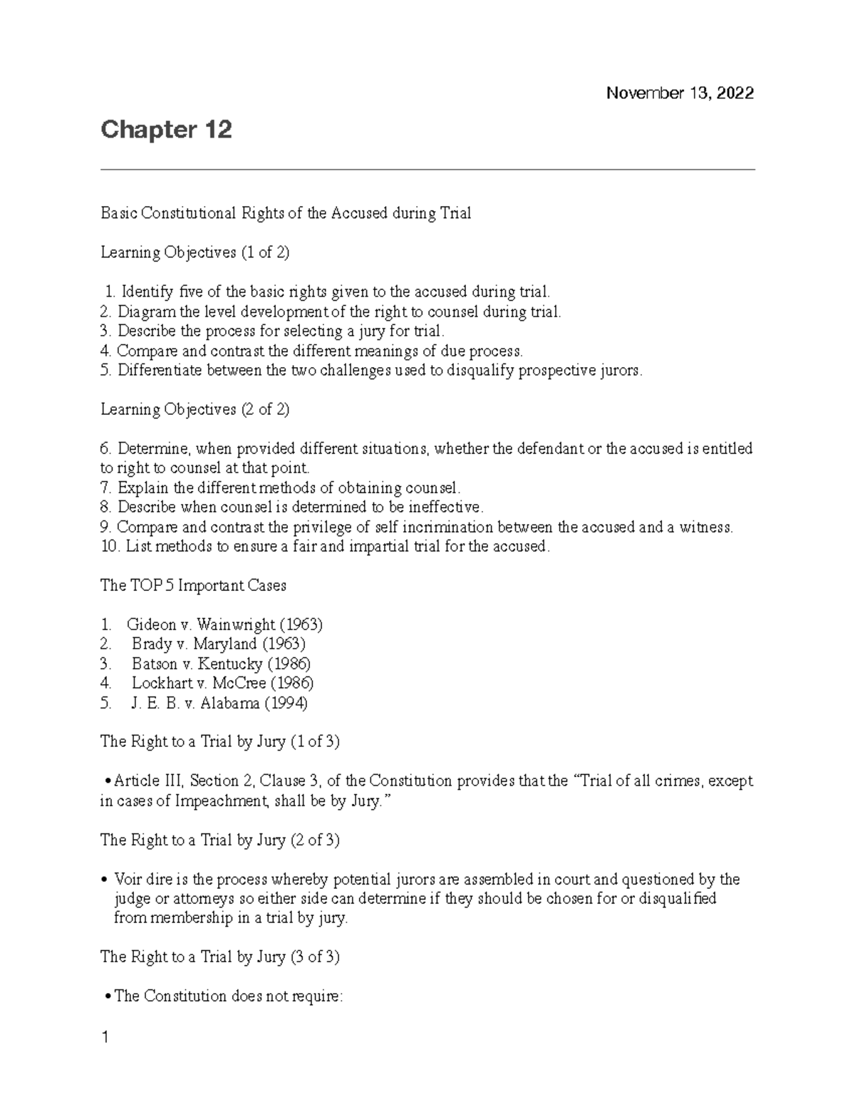 ADJ-2 week 13 notes - November 13, 2022 Chapter 12 Basic Constitutional ...