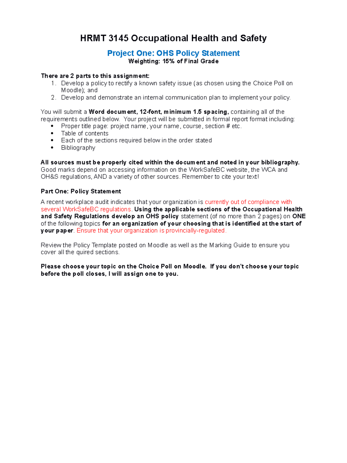 OHS Policy Statement Assignment Outline - HRMT 3145 Occupational Health ...