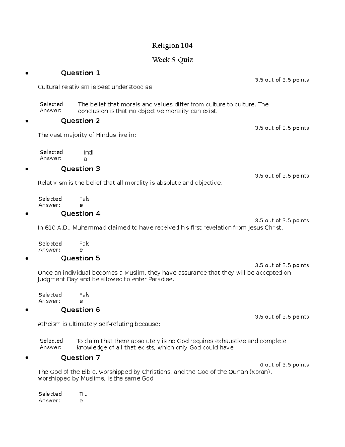 Religion 104 Week 5 Quiz - Religion 104 Week 5 Quiz Question 1 3 out of ...
