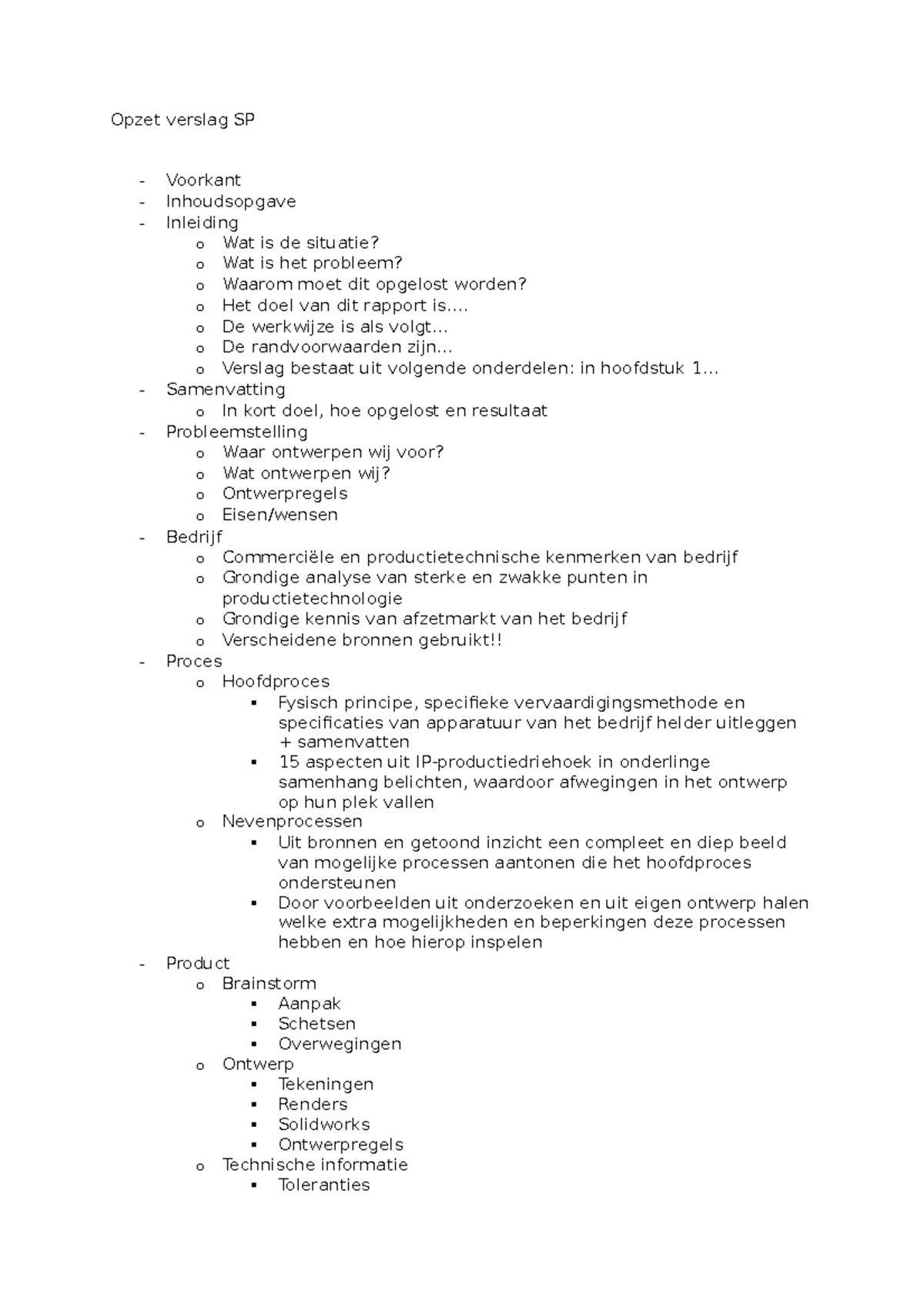 Opzet verslag SP - Opzet verslag SP Voorkant Inhoudsopgave Inleiding o ...