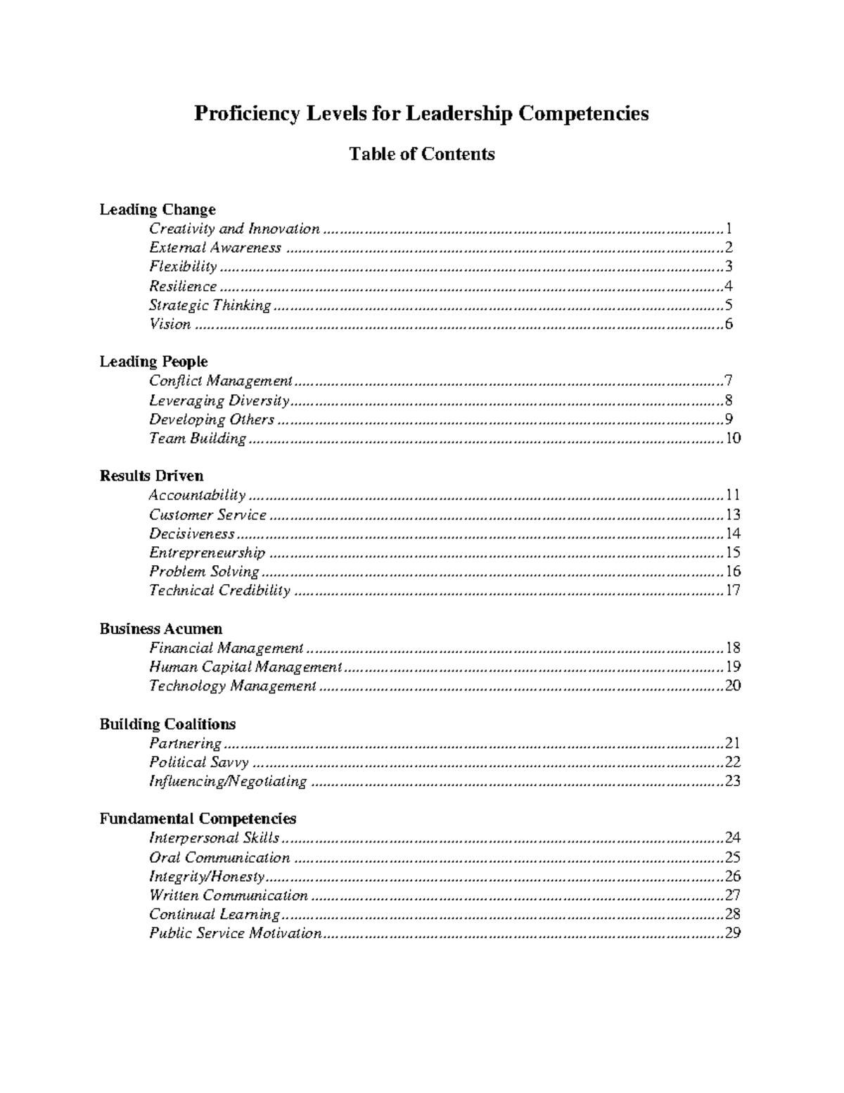 Proficiency levels for leadership competencies - Table of Contents ...
