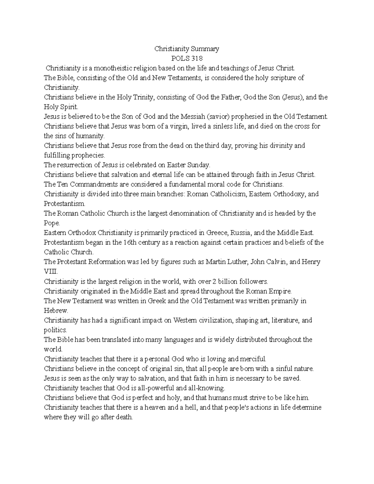Christianity Summary - Christianity Summary POLS 318 Christianity is a ...
