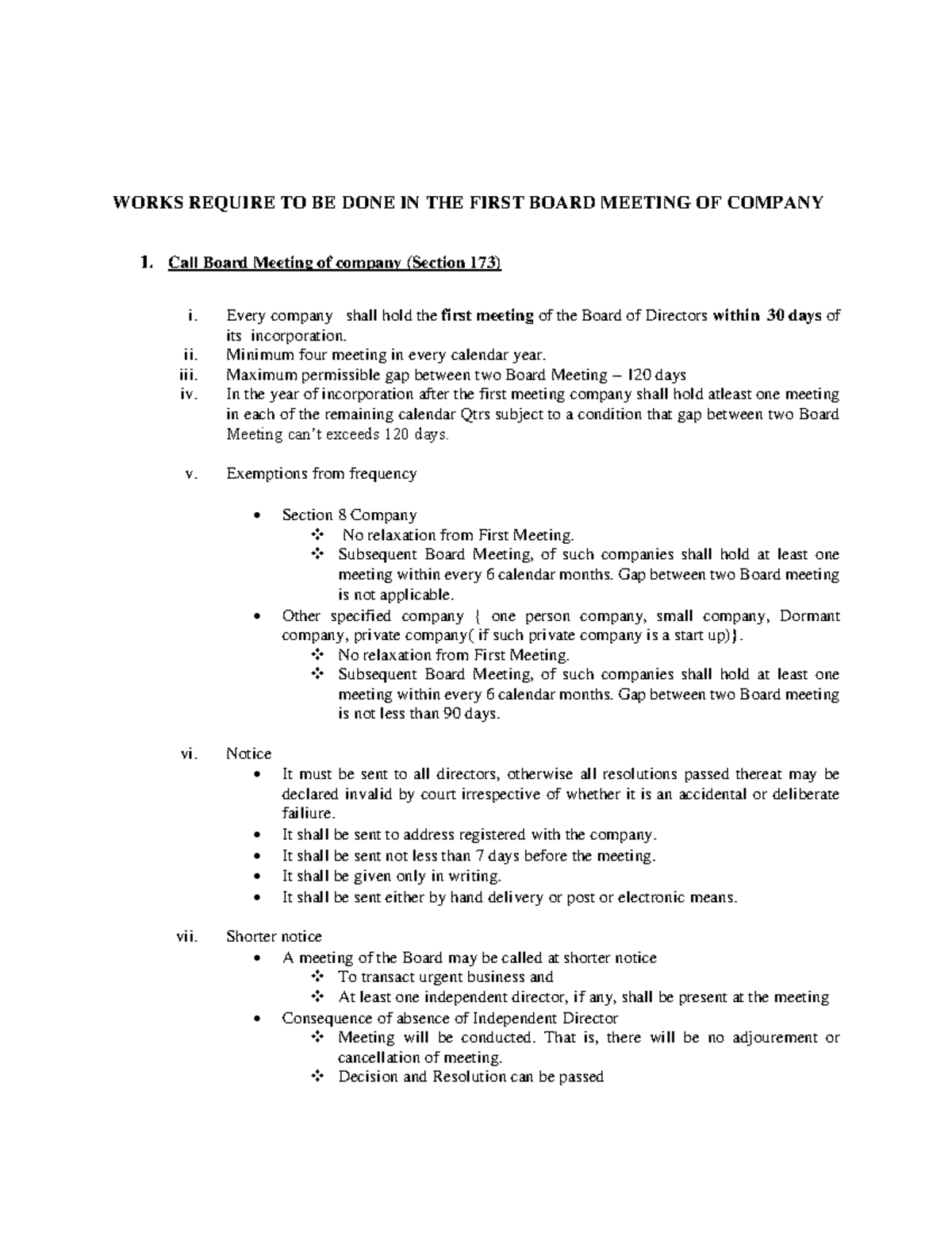 Summary of first board meeting - WORKS REQUIRE TO BE DONE IN THE FIRST ...