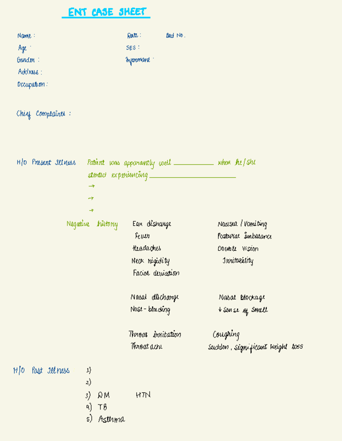 Ent Clinics - ENT clinical class - ENT CASE SHEET Name : wate : Bed No ...