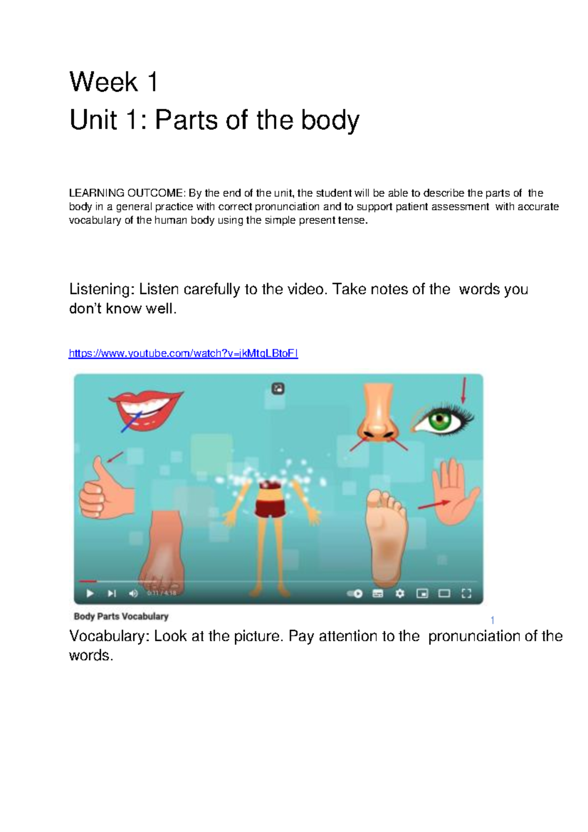 Unidad 1 - Week 1 - edded ede - Week 1 Unit 1: Parts of the body ...