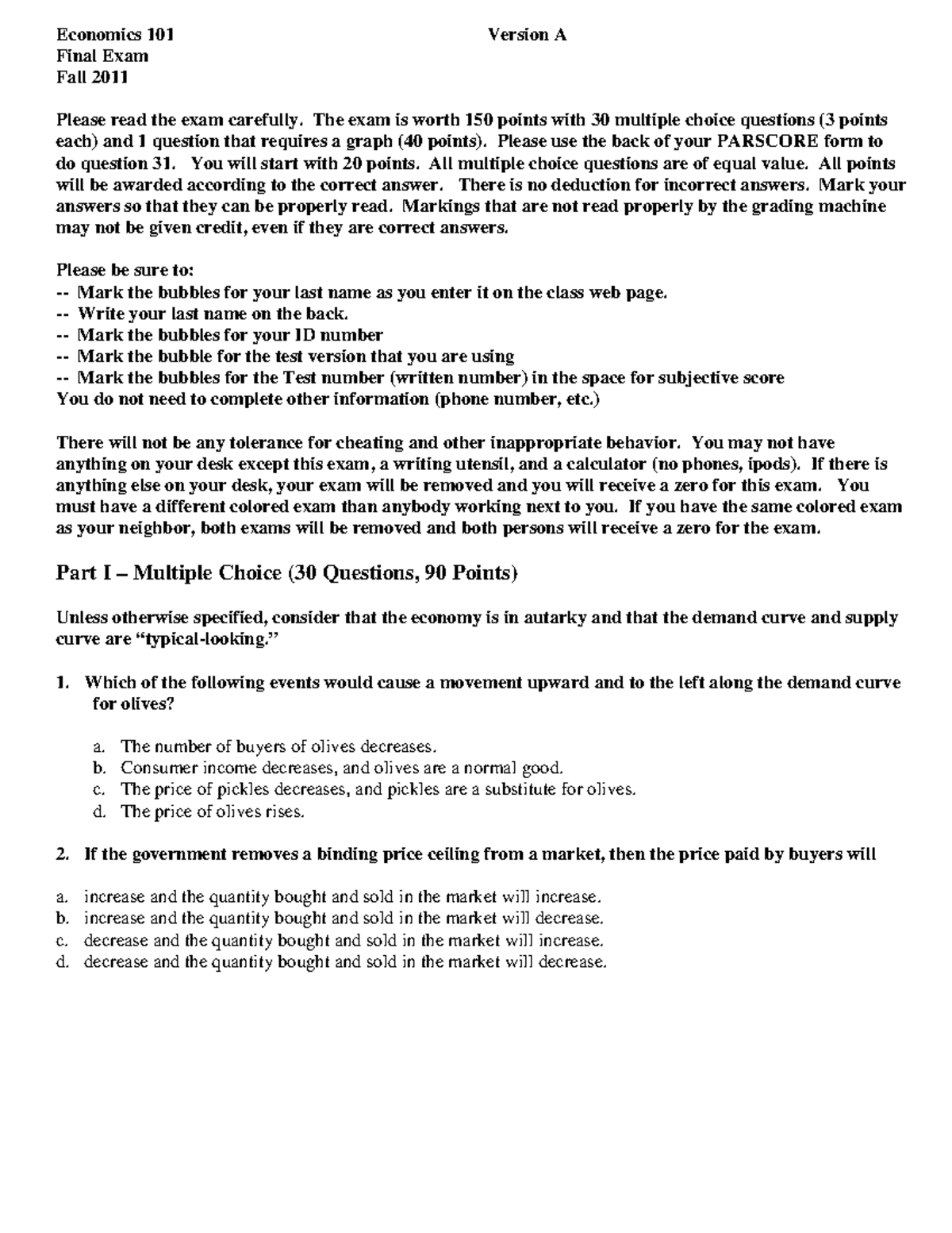 Economics Past Exam paper - Economics 101 Version A Final Exam Fall ...