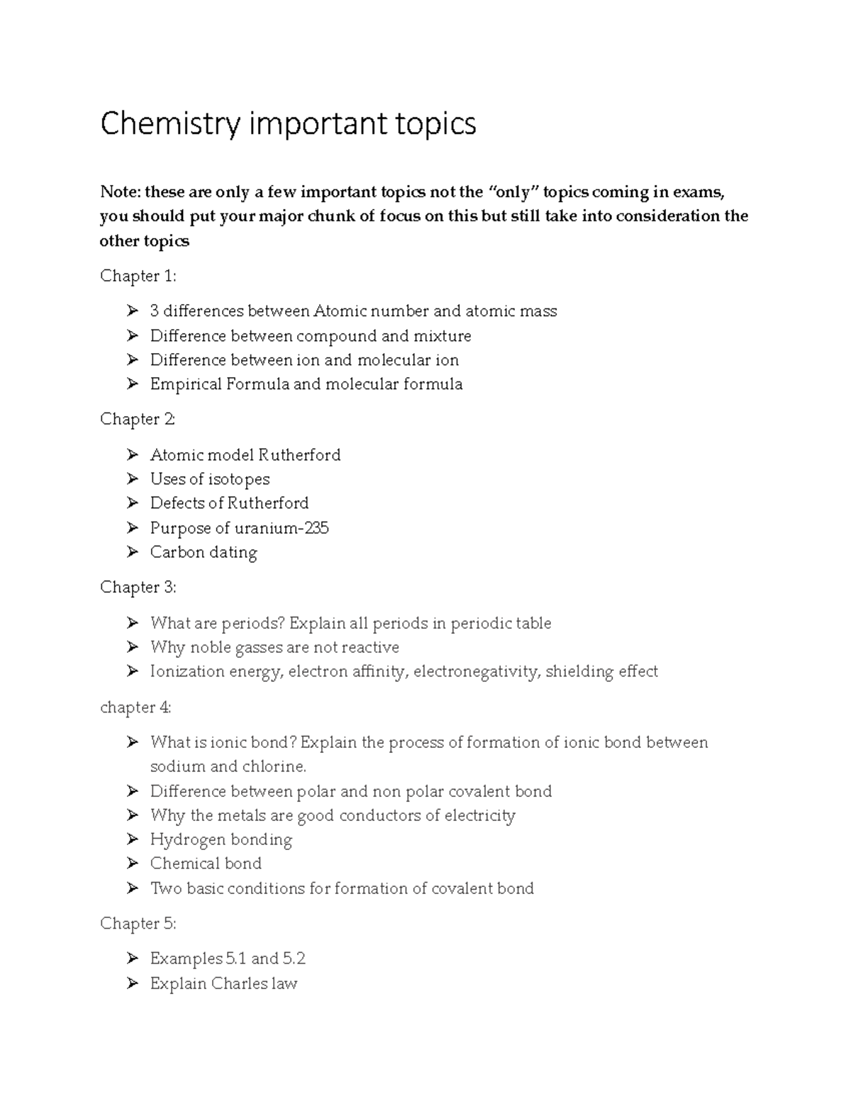 Chemistry important topics - Chemistry important topics Note: these are ...