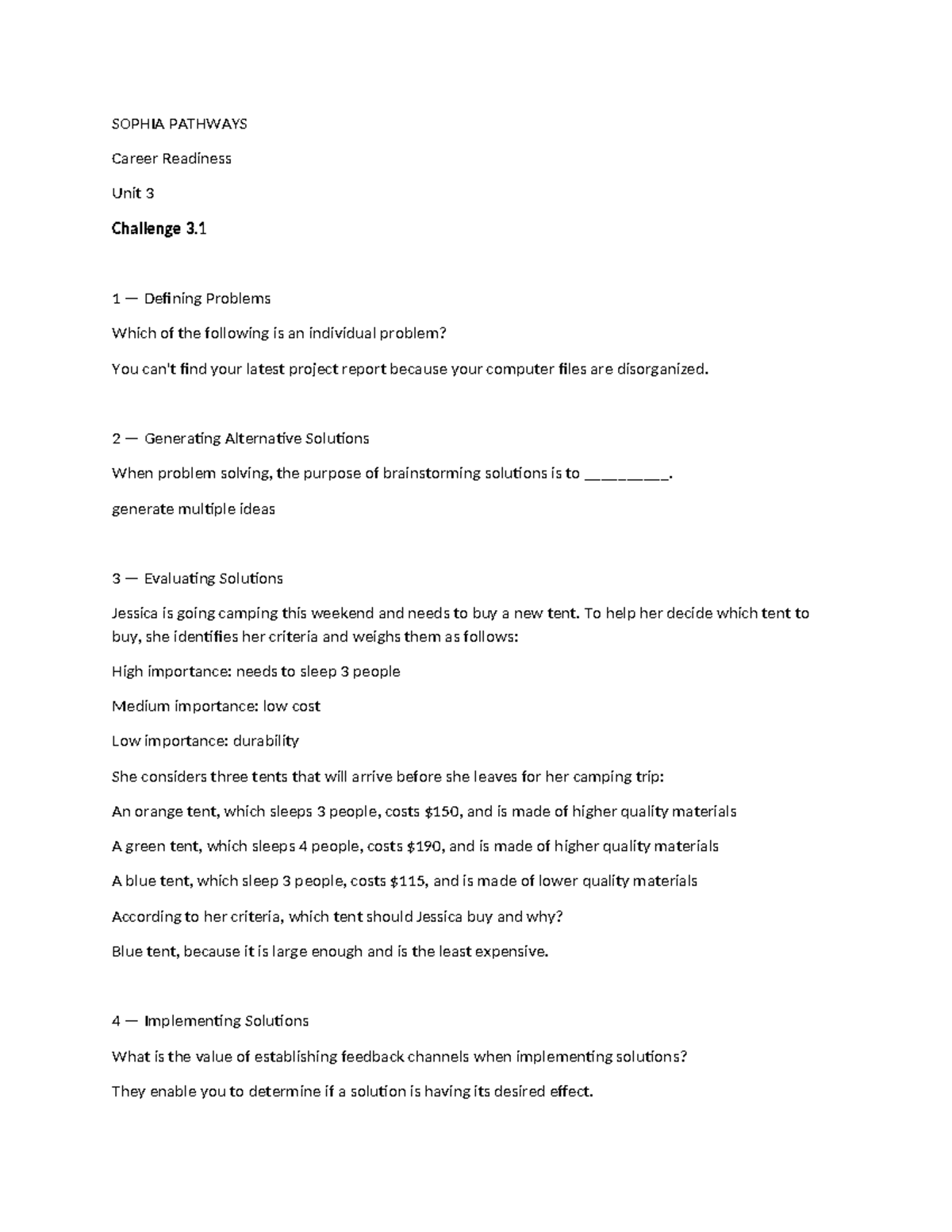 Sophia Career Readiness Unit 3 Q&A - SOPHIA PATHWAYS Career Readiness ...