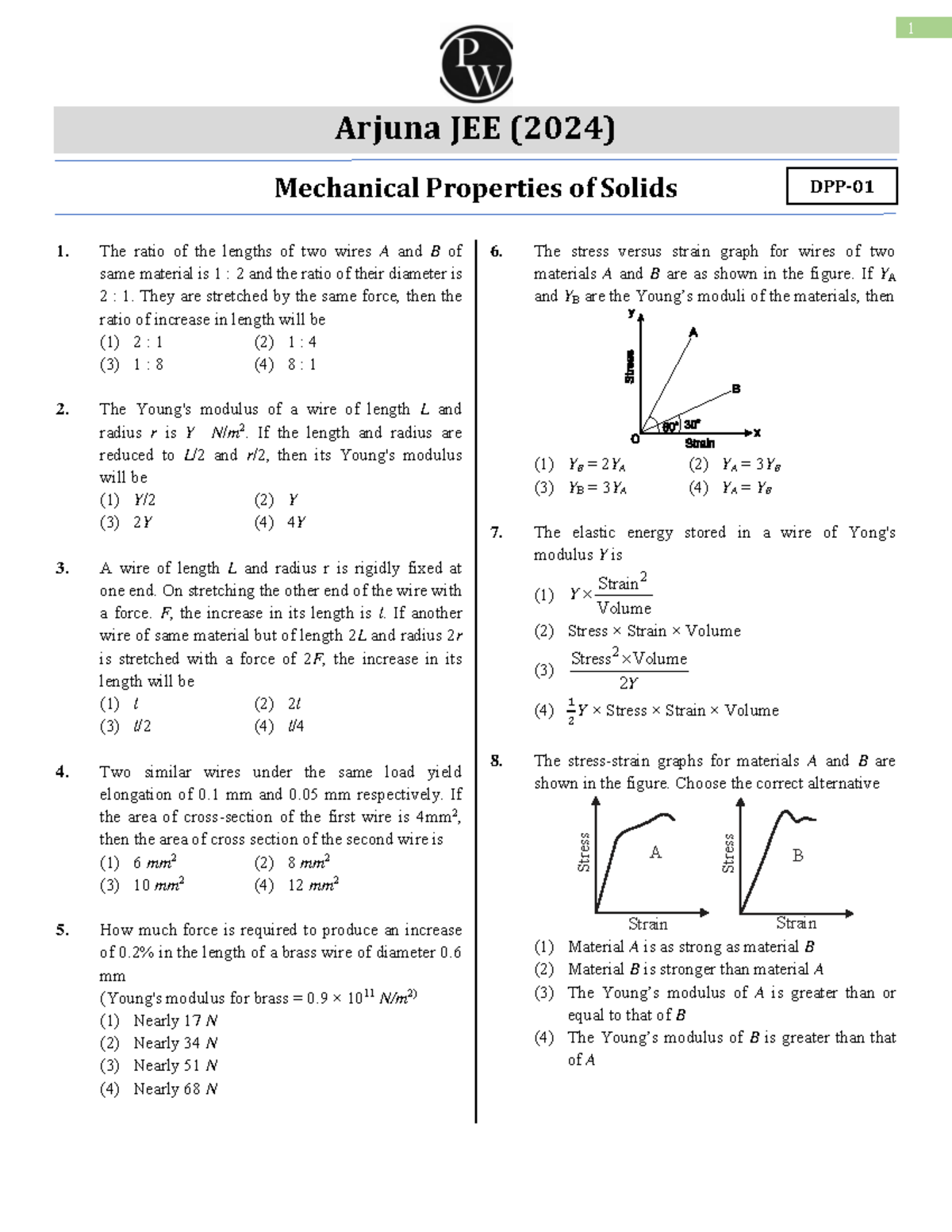 Mechanical Properties of Solids DPP 01 (Of Lec 02) Arjuna JEE 2024 - 1 Arjuna JEE (2024 ...