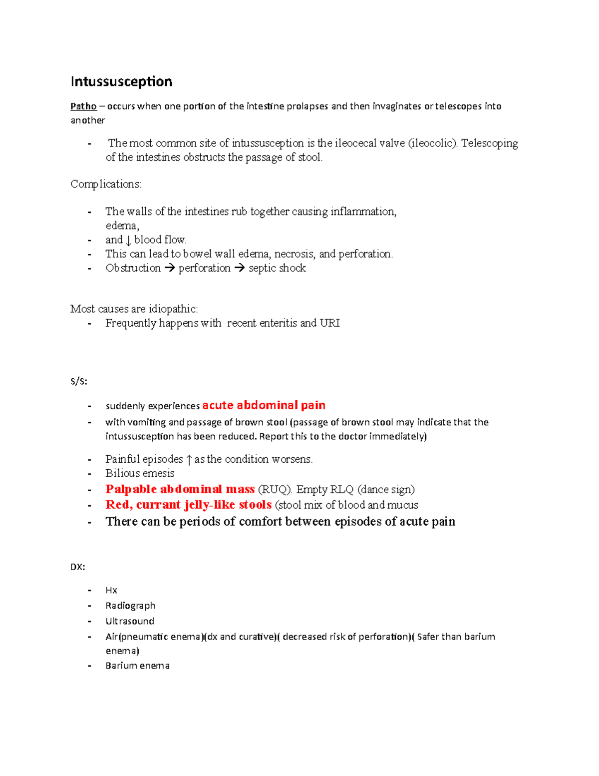 Intussusception - notes - Intussusception Patho – occurs when one ...