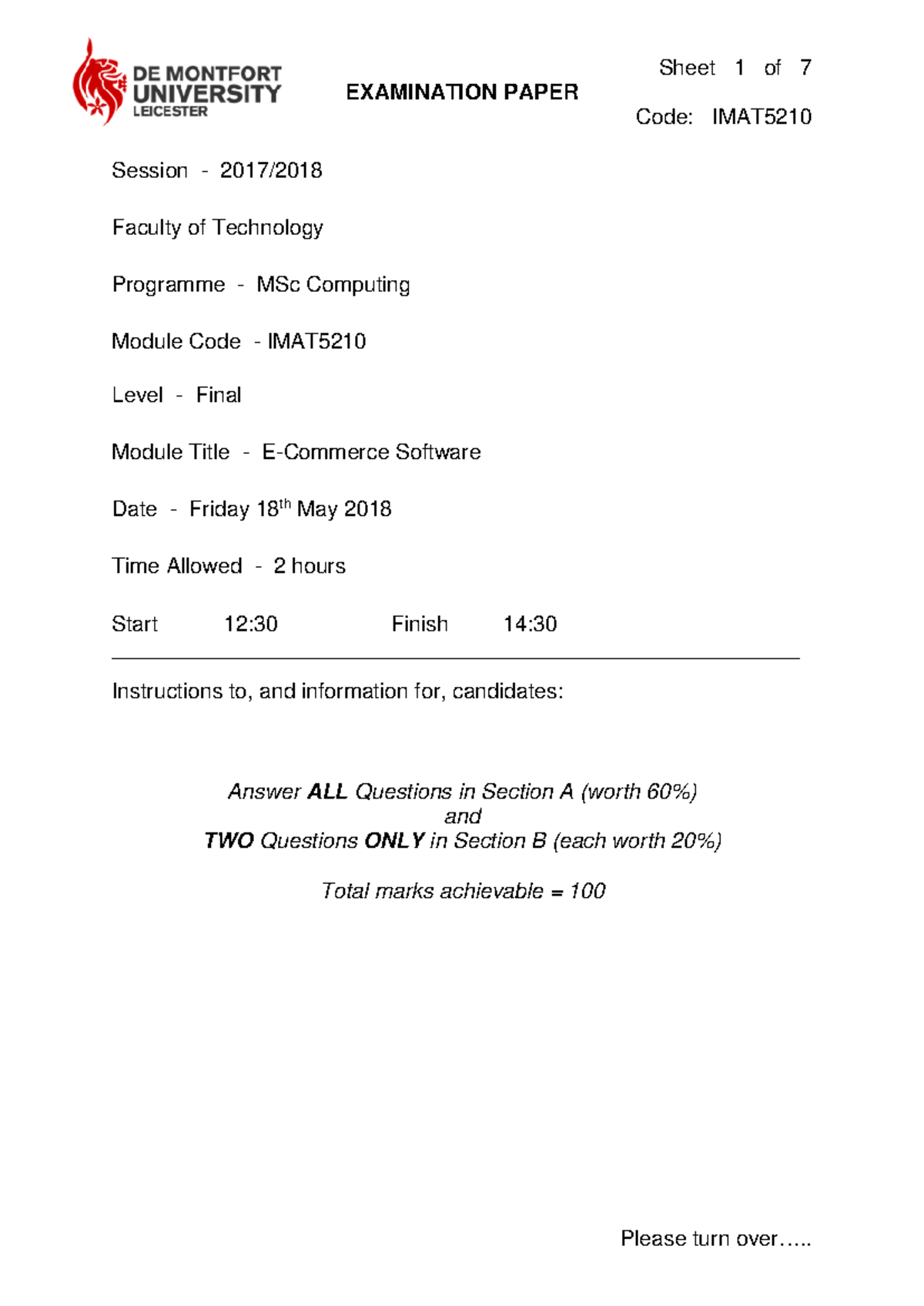 IMAT5210 2018 Exam - Sheet 1 of 7 EXAMINATION PAPER Code: IMAT Session ...