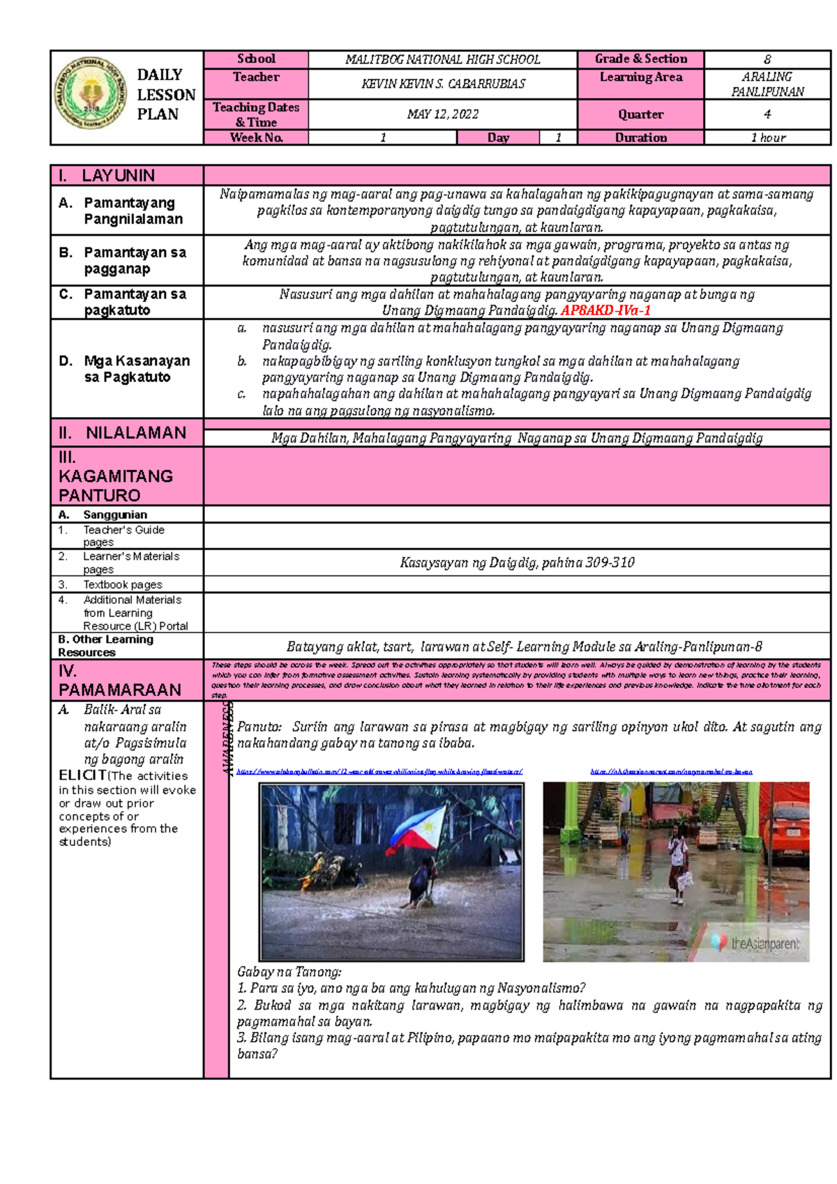 DLP-AP8 - AP 8 - DAILY LESSON PLAN School MALITBOG NATIONAL HIGH SCHOOL Grade & Section 8 - Studocu