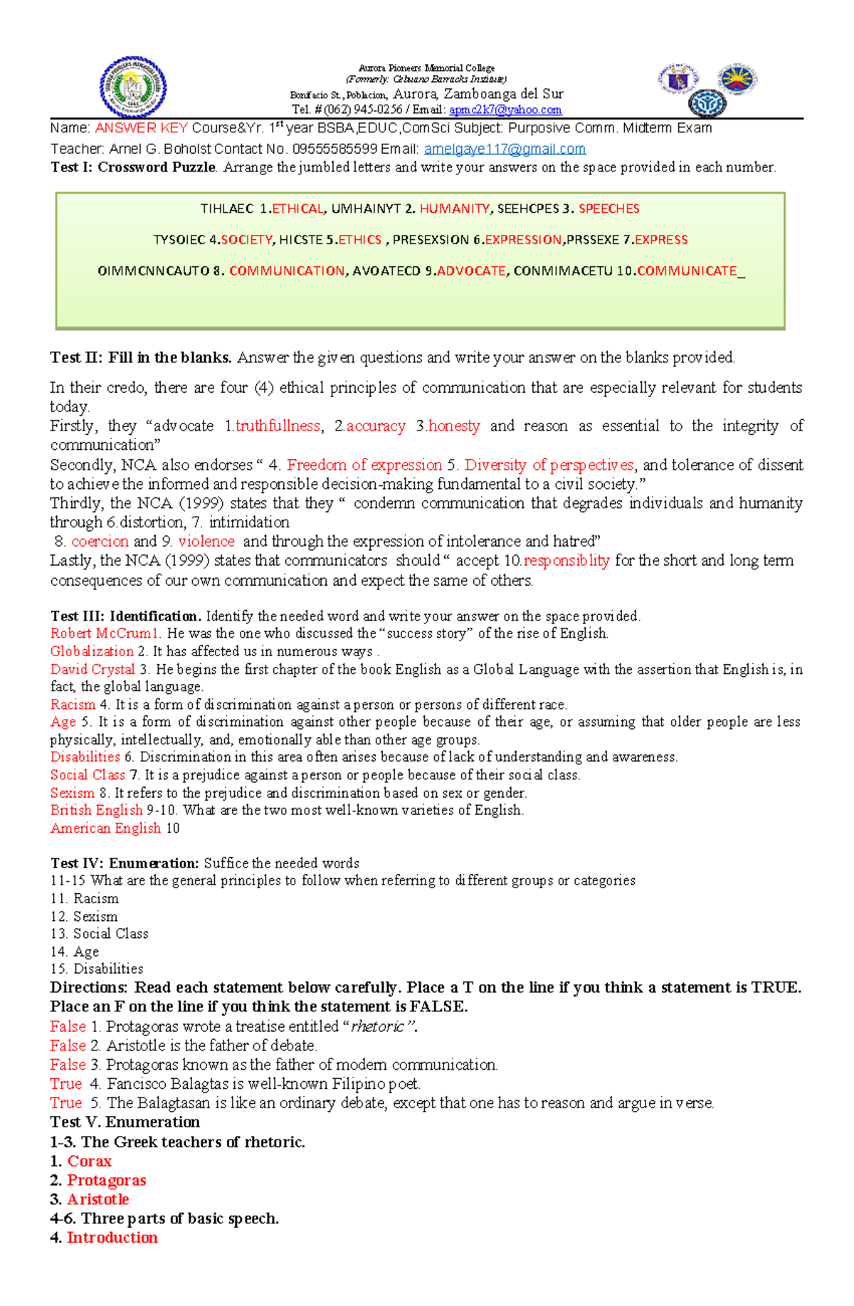 "Midterm Answer Key for Pursive Communication: Detailed Descriptions ...