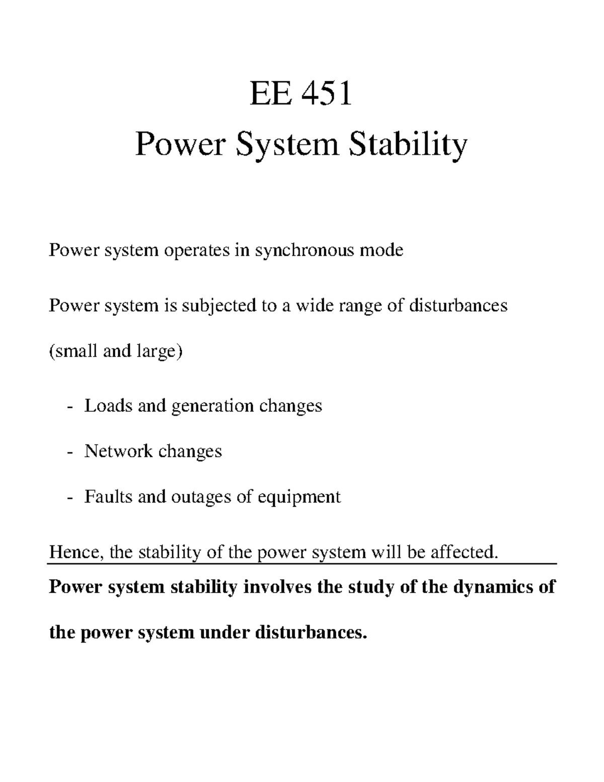 Part3 - Lecture notes 3 - EE 451 Power System Stability Power system ...