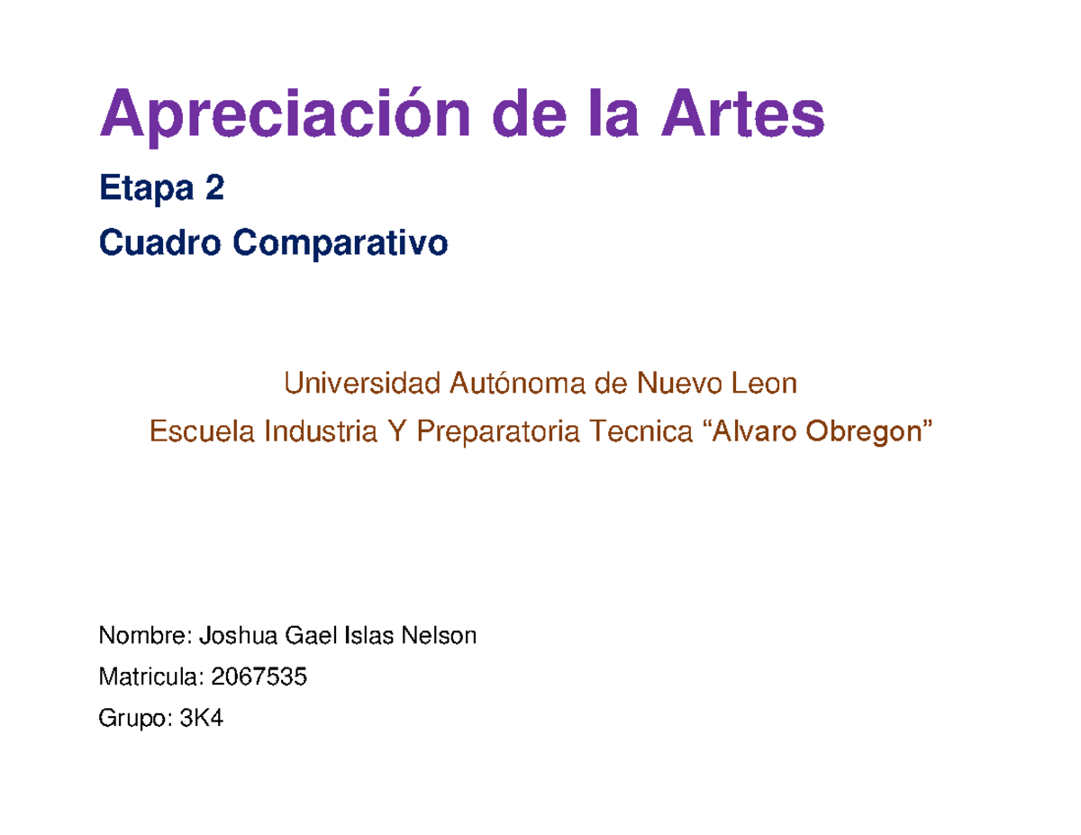Apreciacion de las Artes Etapa 2 Cuadro comparativo - Apreciación de ...