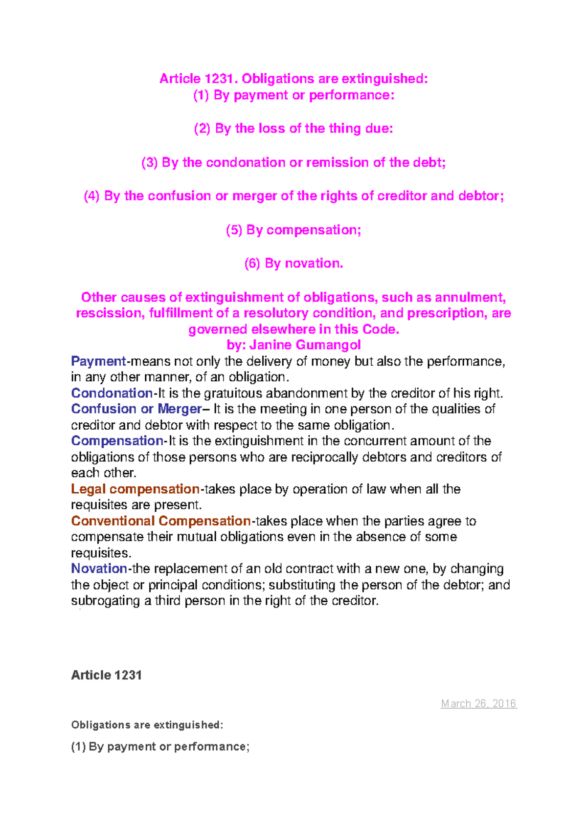 Article 123 Obligations and Contracts - Article 1231. Obligations are ...