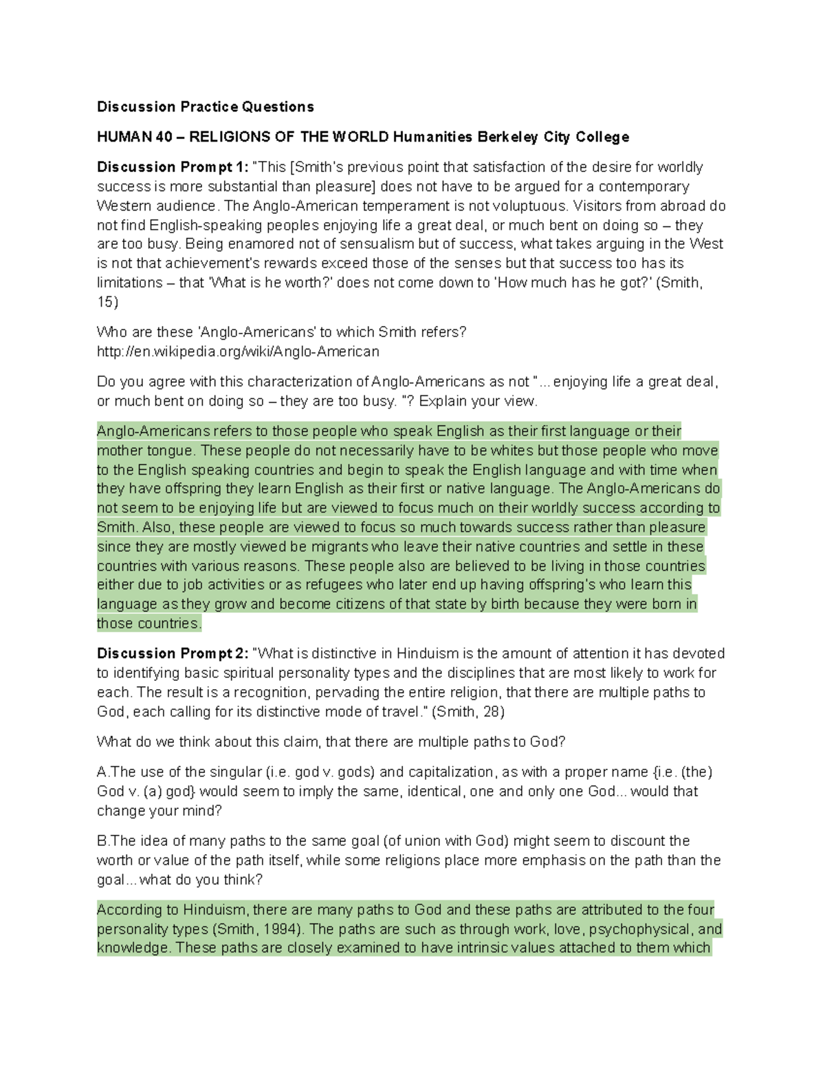 Discussion practice questions - Discussion Practice Questions HUMAN 40 ...