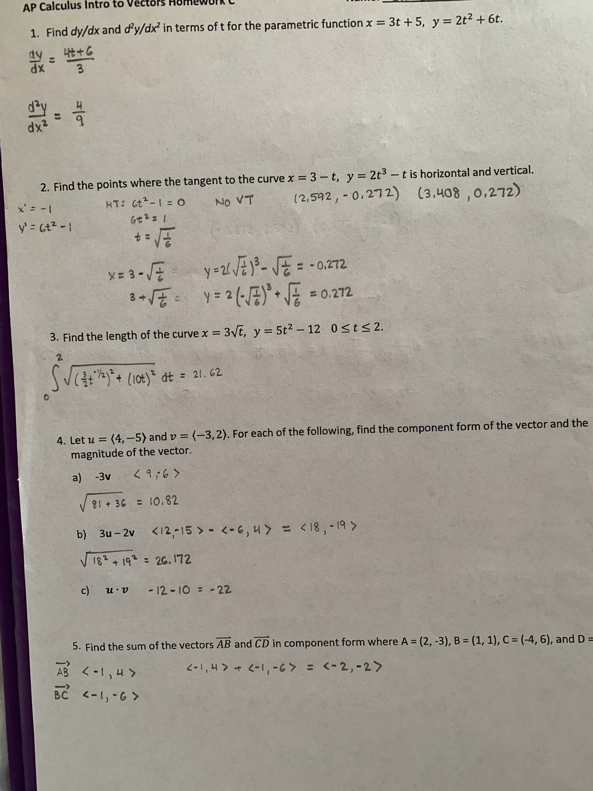 AP Calculus Intro to Vectors Homework C - Studocu