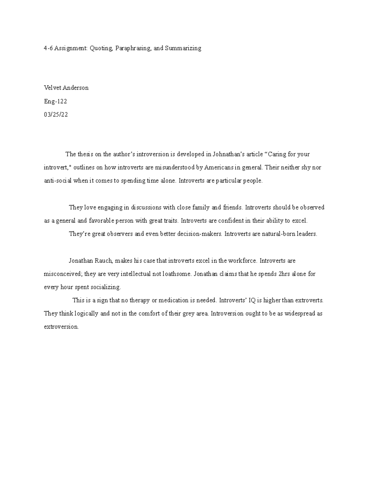 4-6 Assignment- Quoting, Paraphrasing, and Summarizing - Their neither shy nor anti-social when ...