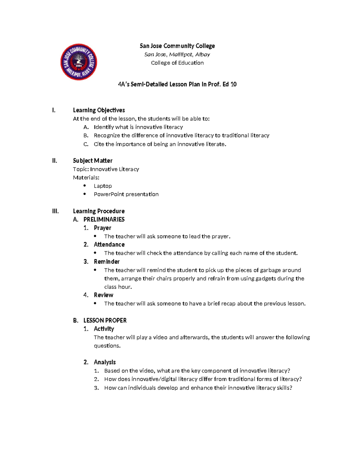 Lesson plan - Ed 10 I. Learning Objectives At the end of the lesson ...