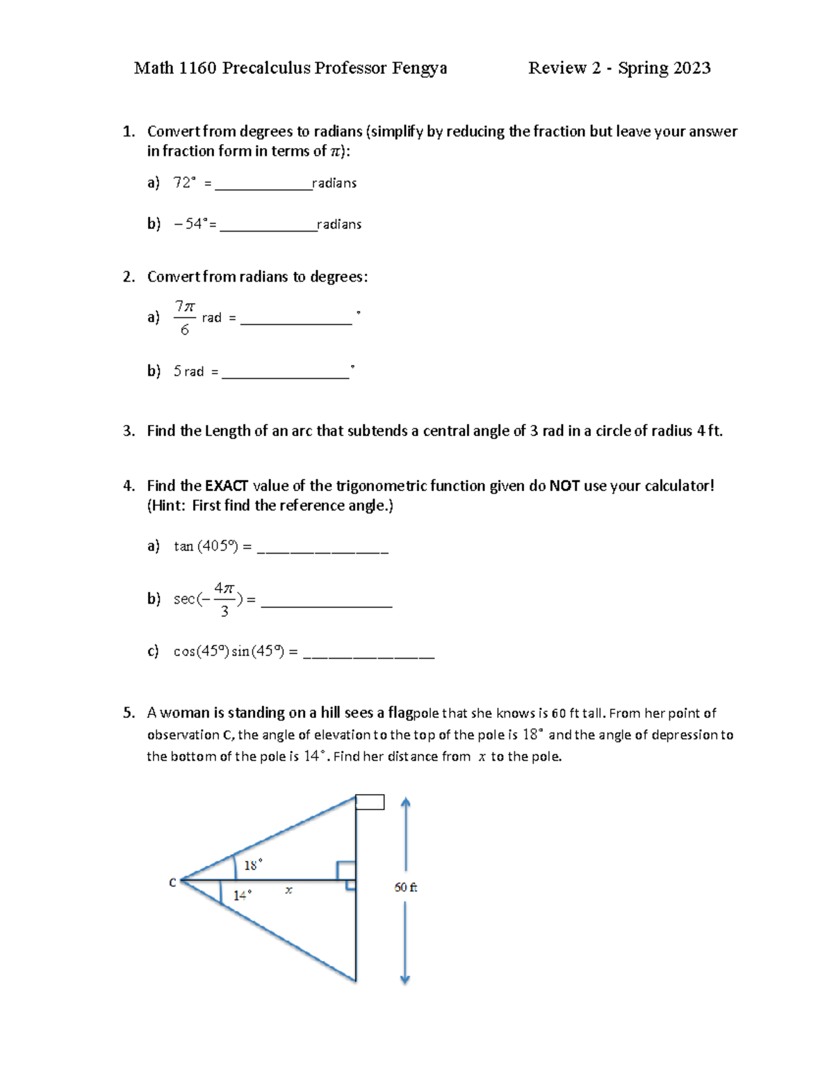 Math 1160 Precalculus Test Review 2 - Math 1160 Precalculus Professor ...