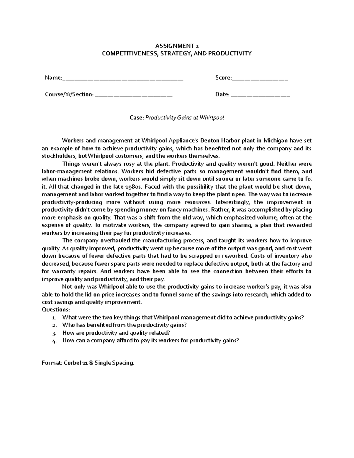 Assignment 2 - ASSIGNMENT 2 COMPETITIVENESS, STRATEGY, AND PRODUCTIVITY ...