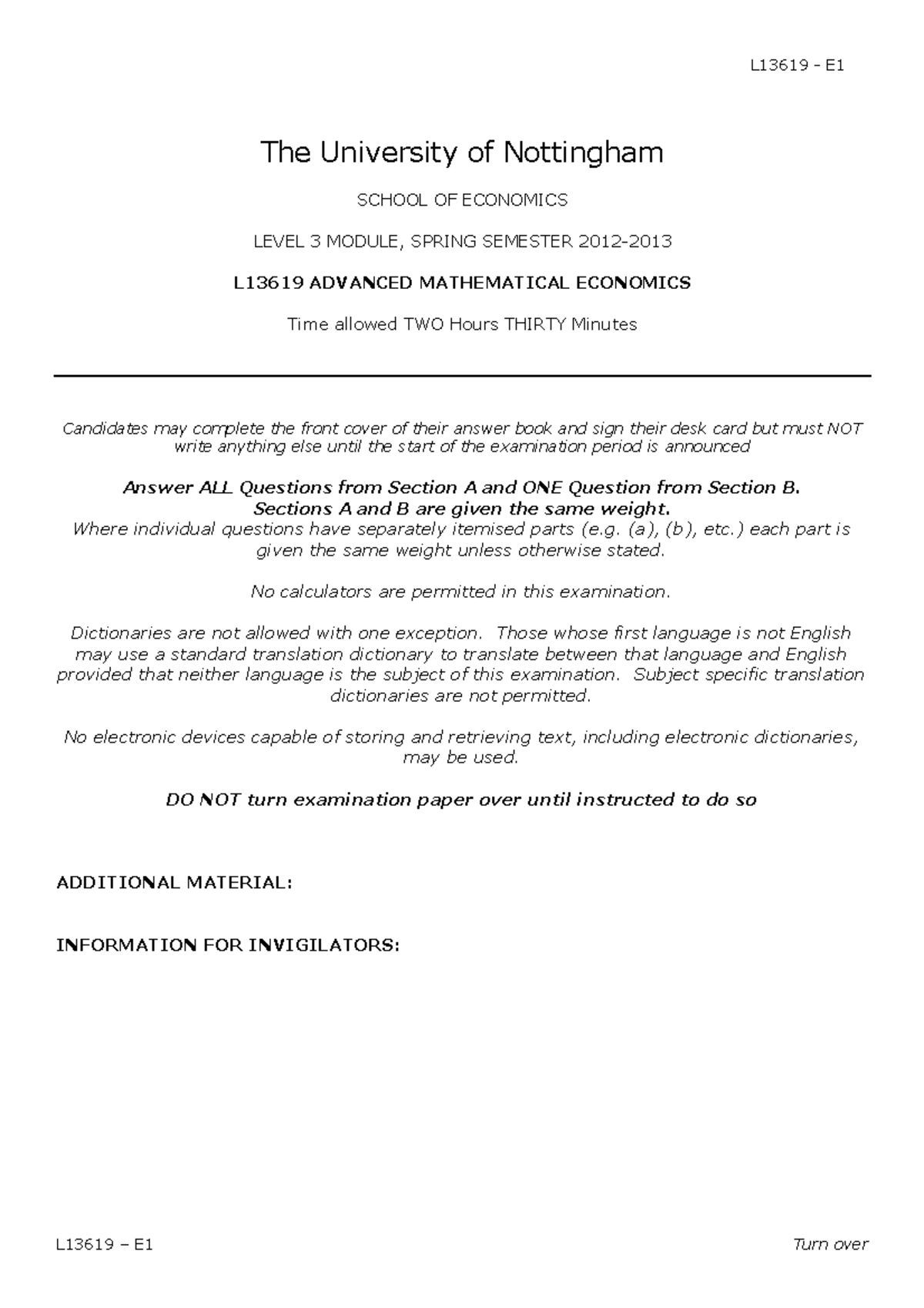 Exam 2012 - 2013, questions - Advanced Mathematical Economics - The ...