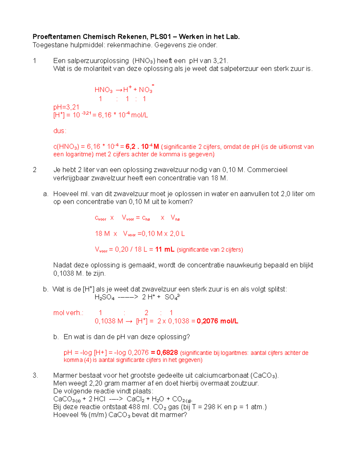 Proeftentamen Chemisch Rekenen met uitwerking - Proeftentamen Chemisch Rekenen, PLS01 – Werken ...