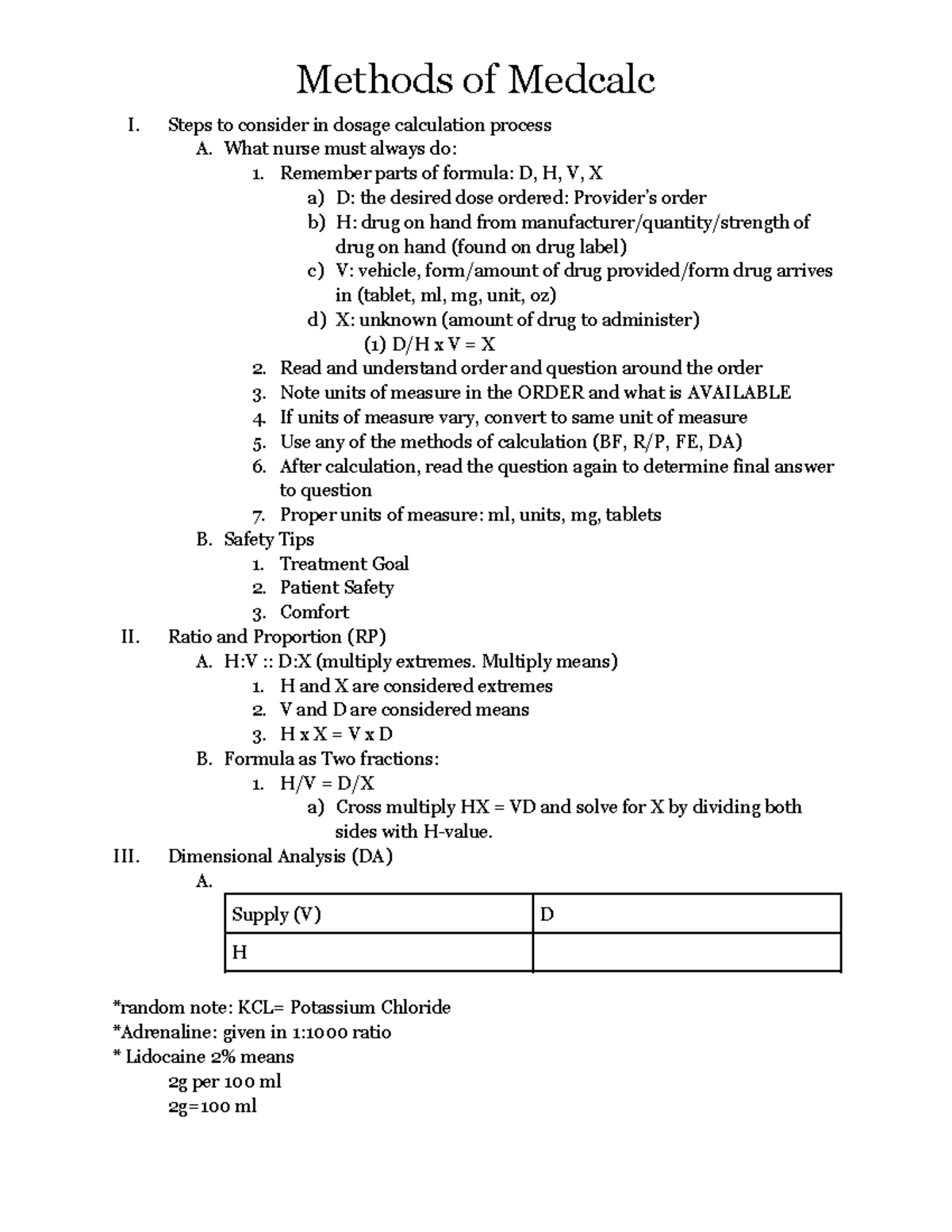 N221 Week 4 Methods of Medical Calculations - Methods of Medcalc I ...