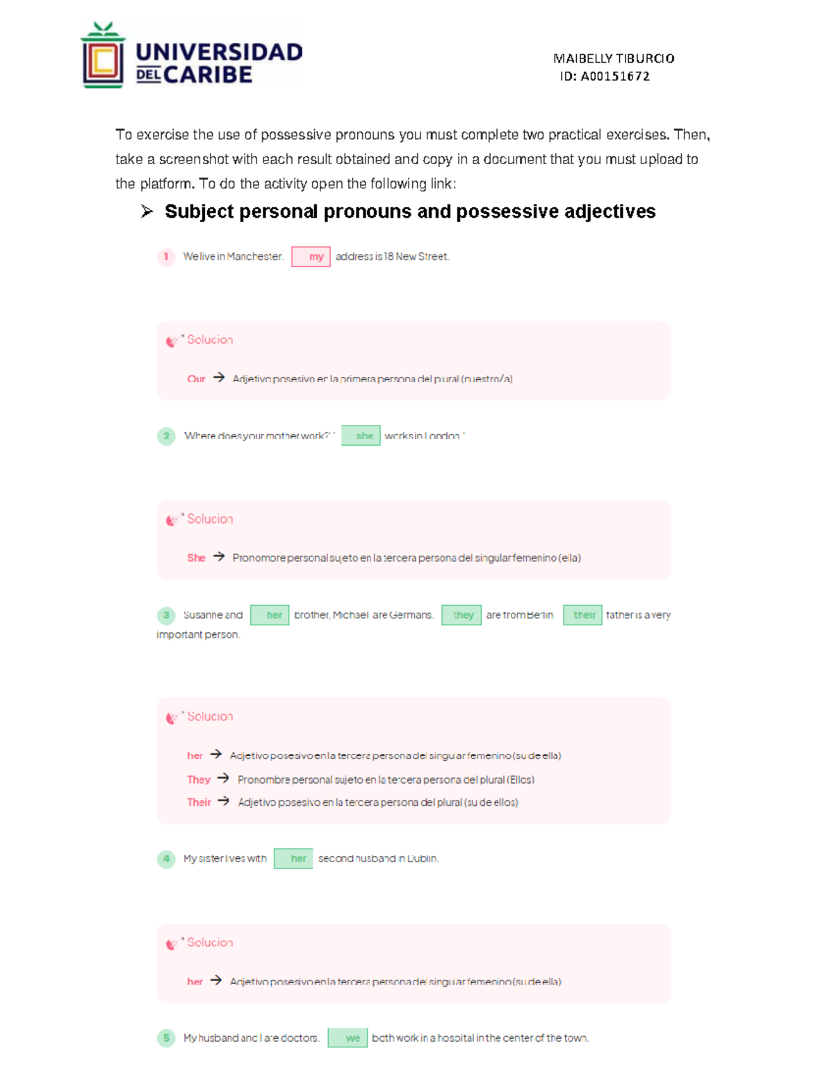 Entregable. Possessive adjectives - Ingles - ID: A To exercise the use of possessive pronouns ...