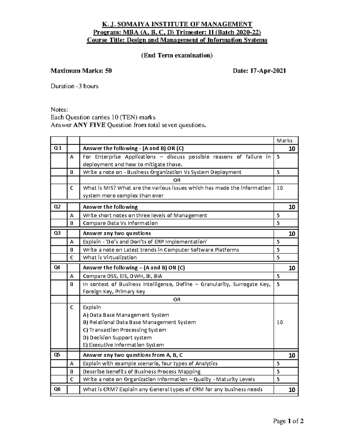 Question paper HRM - K. J. SOMAIYA INSTITUTE OF MANAGEMENT Program: MBA ...
