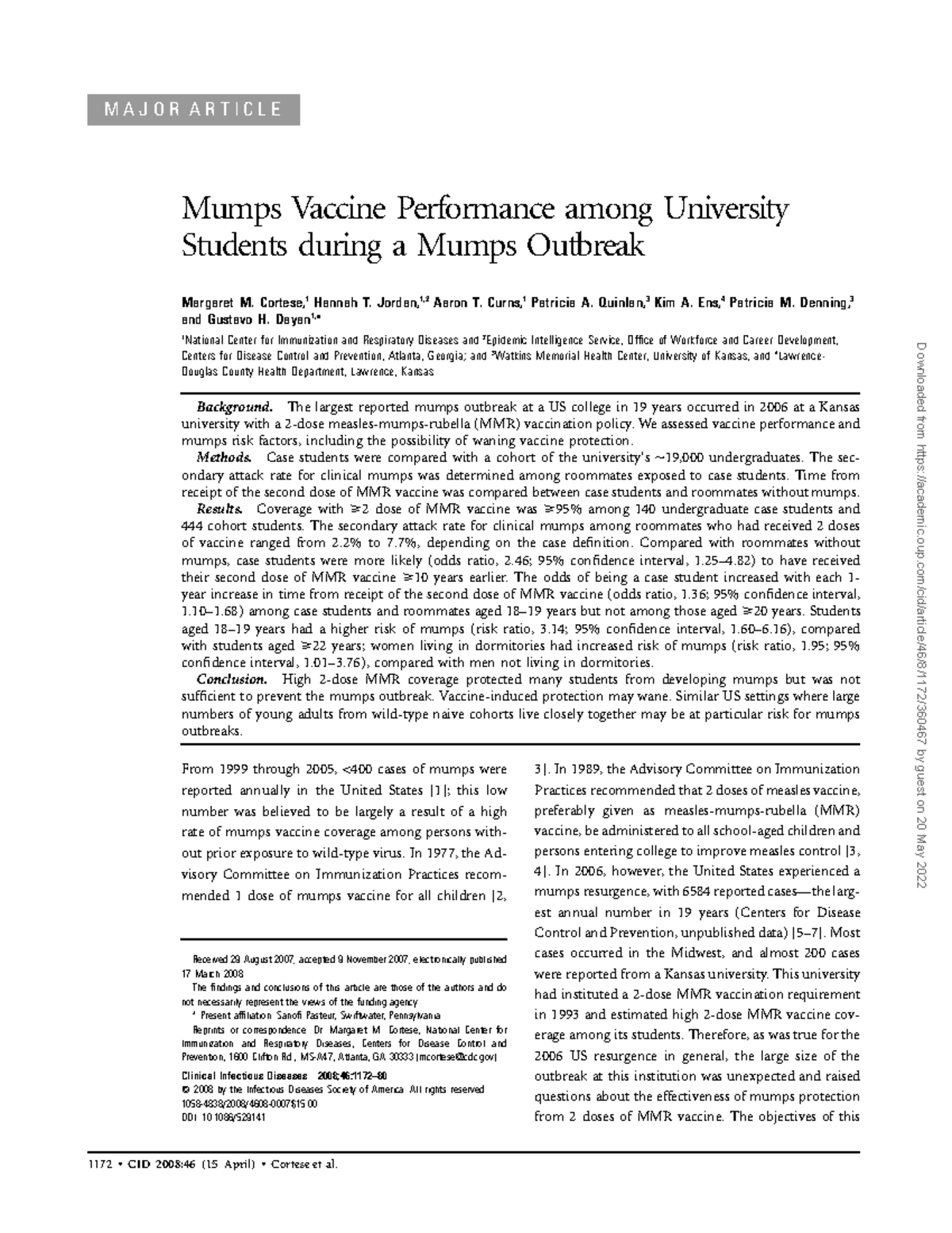 Mumps - 1172 " CID 2008:46 (15 April) " Cortese et al. M A J O R A R T ...